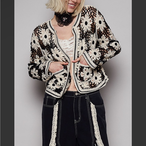 POL | Sweaters | New Pol Flower Patch Crochet Open Knitcardigan Black ...